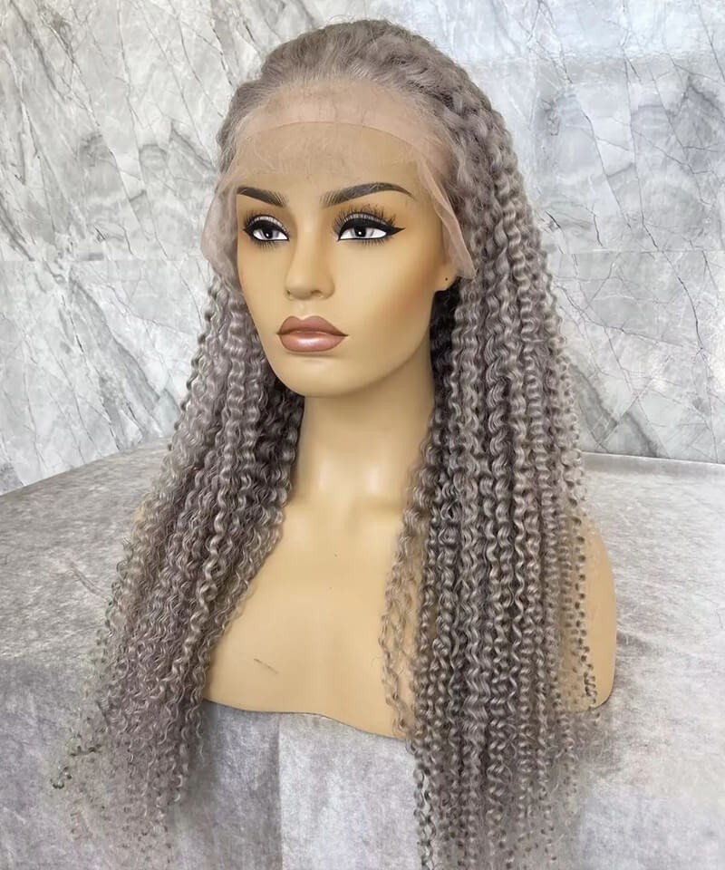 Gray Color Kinky Curly Transparent Lace Front Wigs 150% Density 10-30 ...