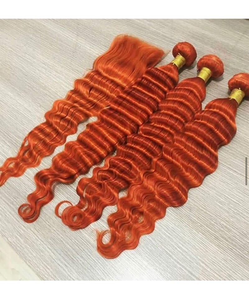 Orange Color Deep Wave Human Hair Bundles With Lace Closure 4 Pieces ...