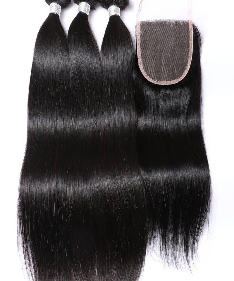 Straight Human Hair Bundles With Lace Closure 4 Pieces/set - Toseehair.com